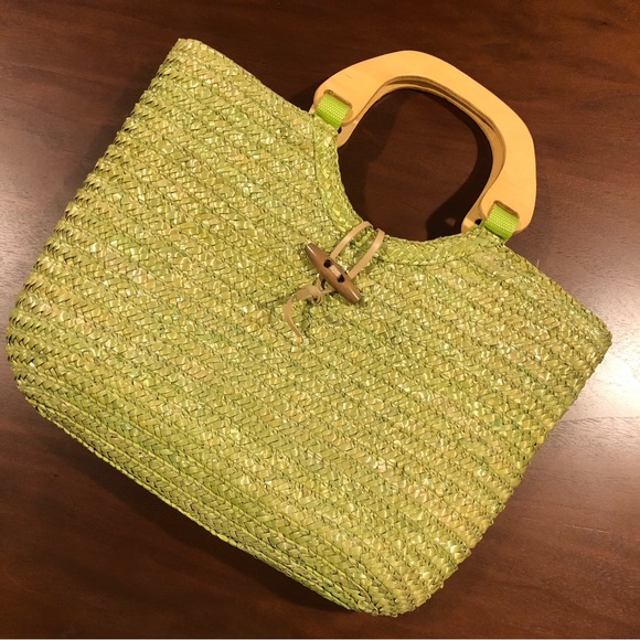 White Stag | Bags | Y2k White Stag Green Straw Handbag With Wooden ...